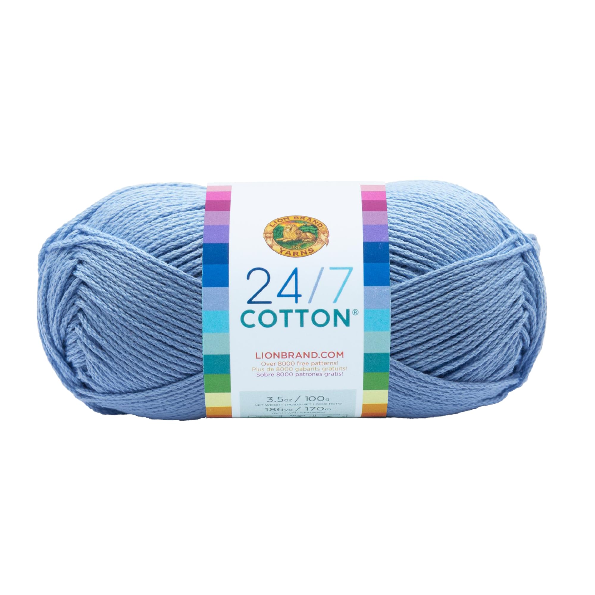Lion Brand 24/7 Cotton Yarn, Lightweight Yarn for Knitting, Crocheting, and Crafts, Sky, 1 Pack