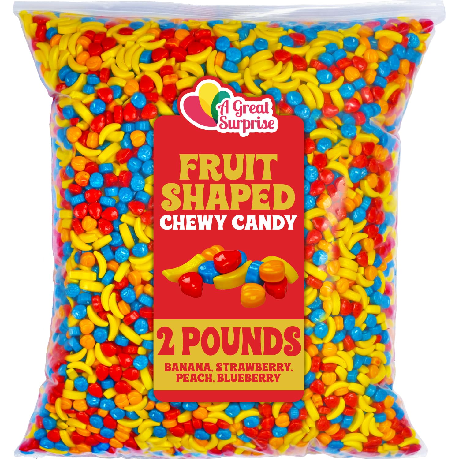 Fruit Shaped Candies - 2 Pounds - Lunar New Years Treats - Unwrapped Gumball Machine Refills - Banana, Strawberry, Peach, Blueberry Flavors