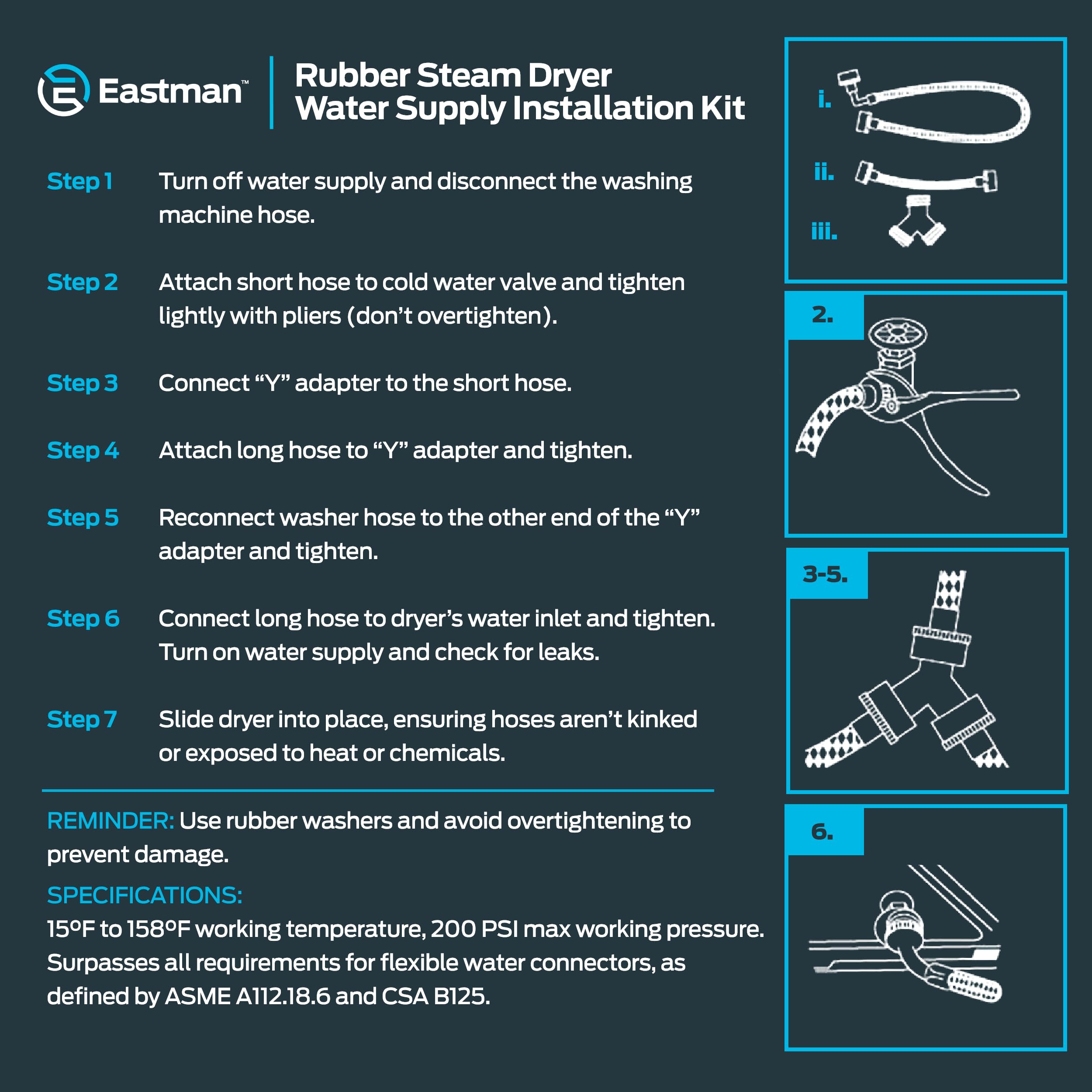 Eastman Rubber Steam Dryer Water Supply Installation Kit, 3/4 Inch FHT x 3/4 Inch FHT Connection, 5 Foot Flexible Hose, 41024