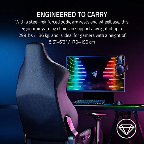 Razer Iskur Gaming Chair: Ergonomic Lumbar Support System - Multi-Layered Synthetic Leather Foam Cushions - Engineered to Carry - Memory Foam Head Cushion - Blac