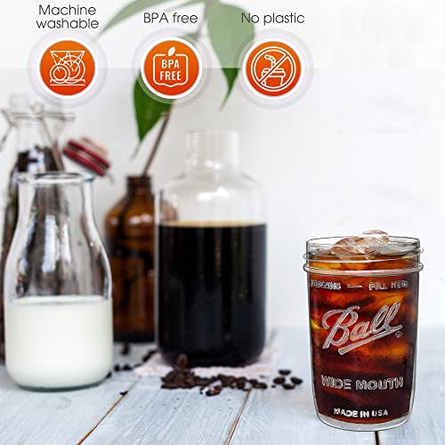 Reusable Wide Mouth Smoothie Cups Boba Tea Cups Bubble Tea Cups with Lids and Gold Straws Mason Jars Glass Cups (2-pack, 16 oz mason jars) Brand Capsule Classic
