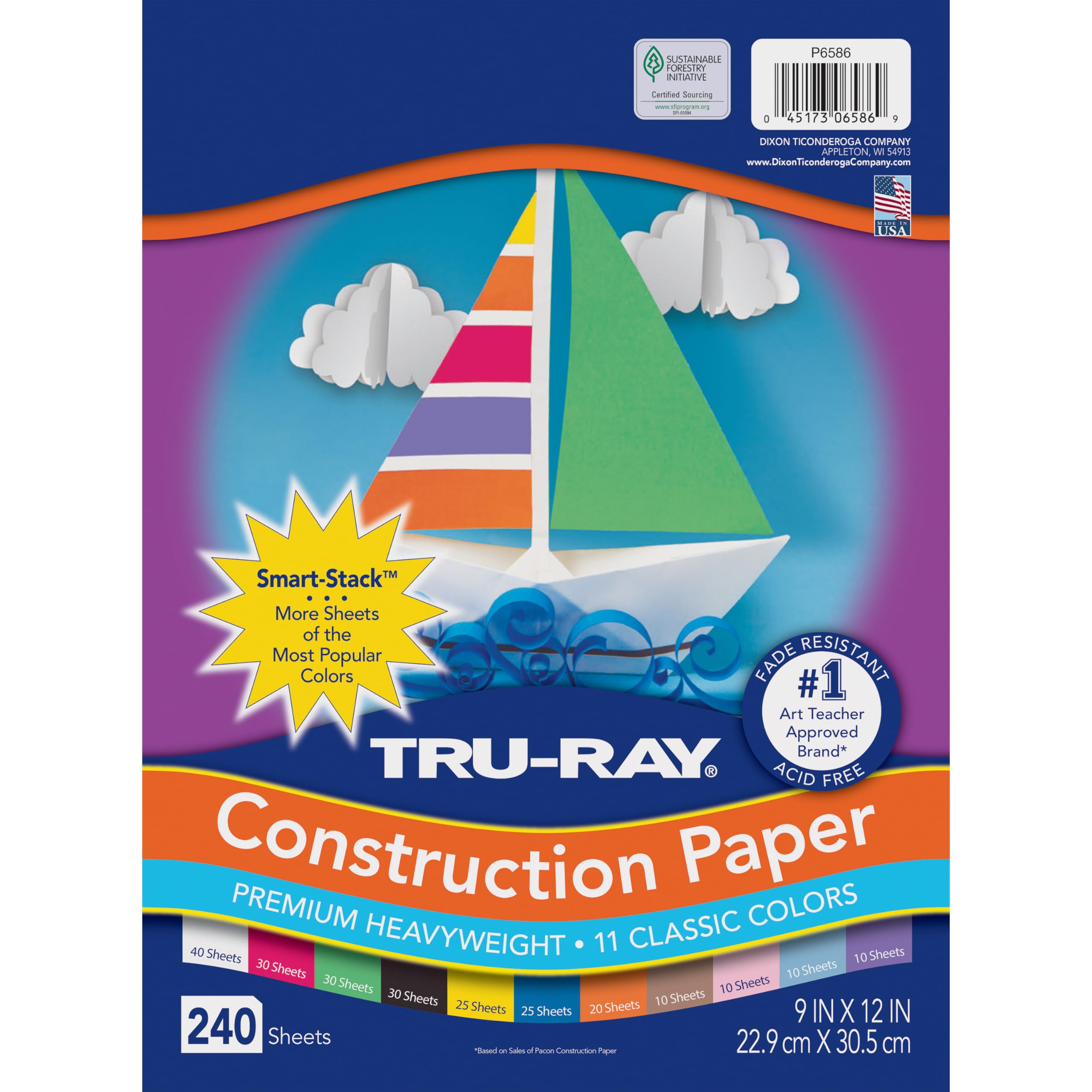 Pacon Tru-Ray Sulphite Construction Paper, 9-inch x 12-inch, Assorted Colors, 240 Sheets (PAC6586)