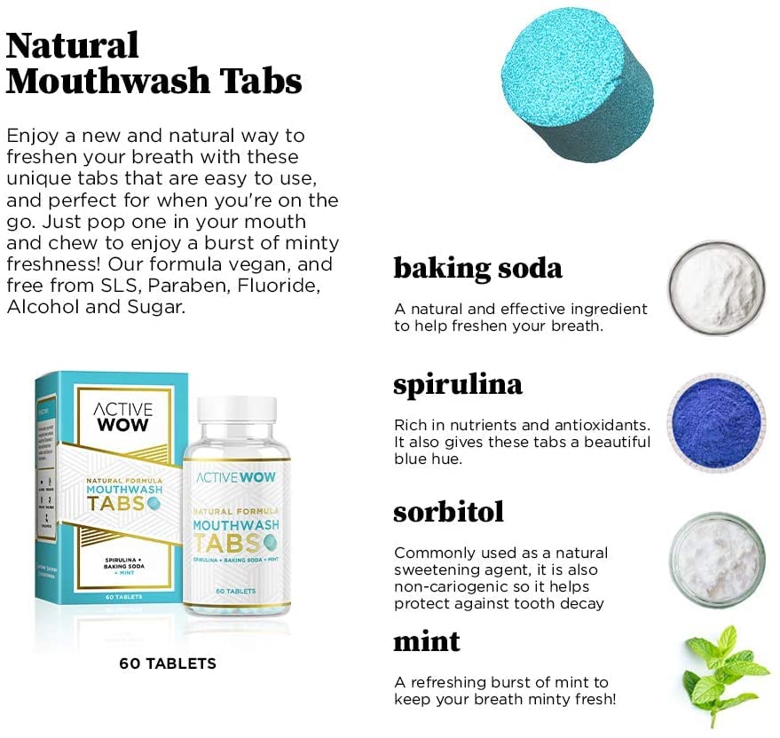 Active Wow Natural Mouthwash Tablets - Chewable Mouth Wash, Breath Freshening Tablets, Fluoride-Free, Alcohol-Free, Vegan, Sugar-Free, Mint Flavor - 1 Pack, 60 Tablets