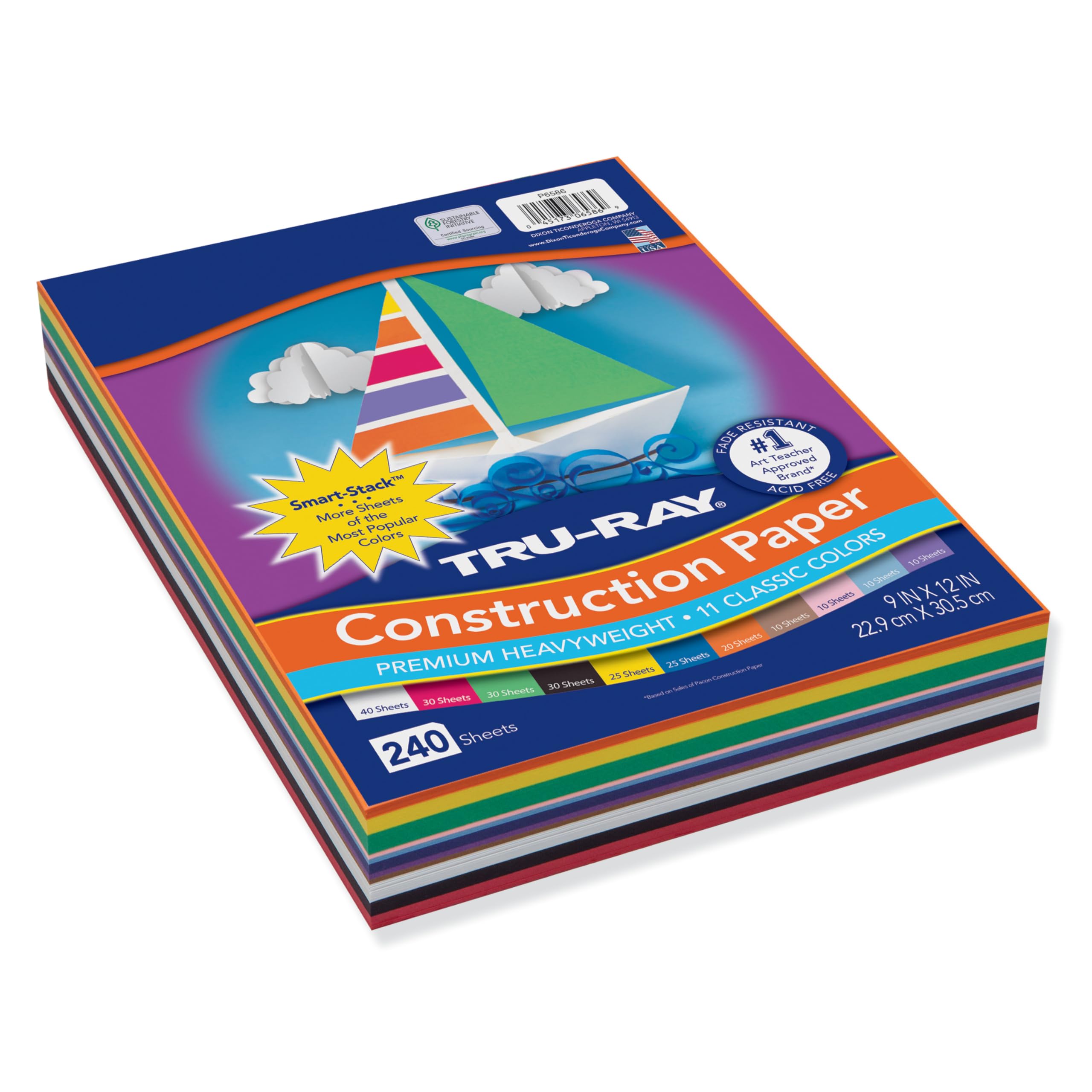Pacon Tru-Ray Sulphite Construction Paper, 9-inch x 12-inch, Assorted Colors, 240 Sheets (PAC6586)