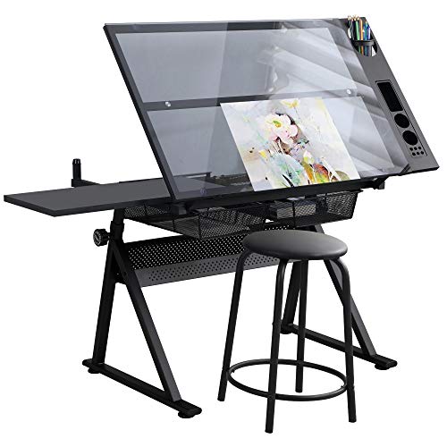 Waful Height Adjustable Drafting Tables, Glass Drawing Art Table, Art Artists Desk, Tilting Tabletop Paintings Work Station Artist Table -2 Storage Drawer for Reading, Writing Art Craft Work Station