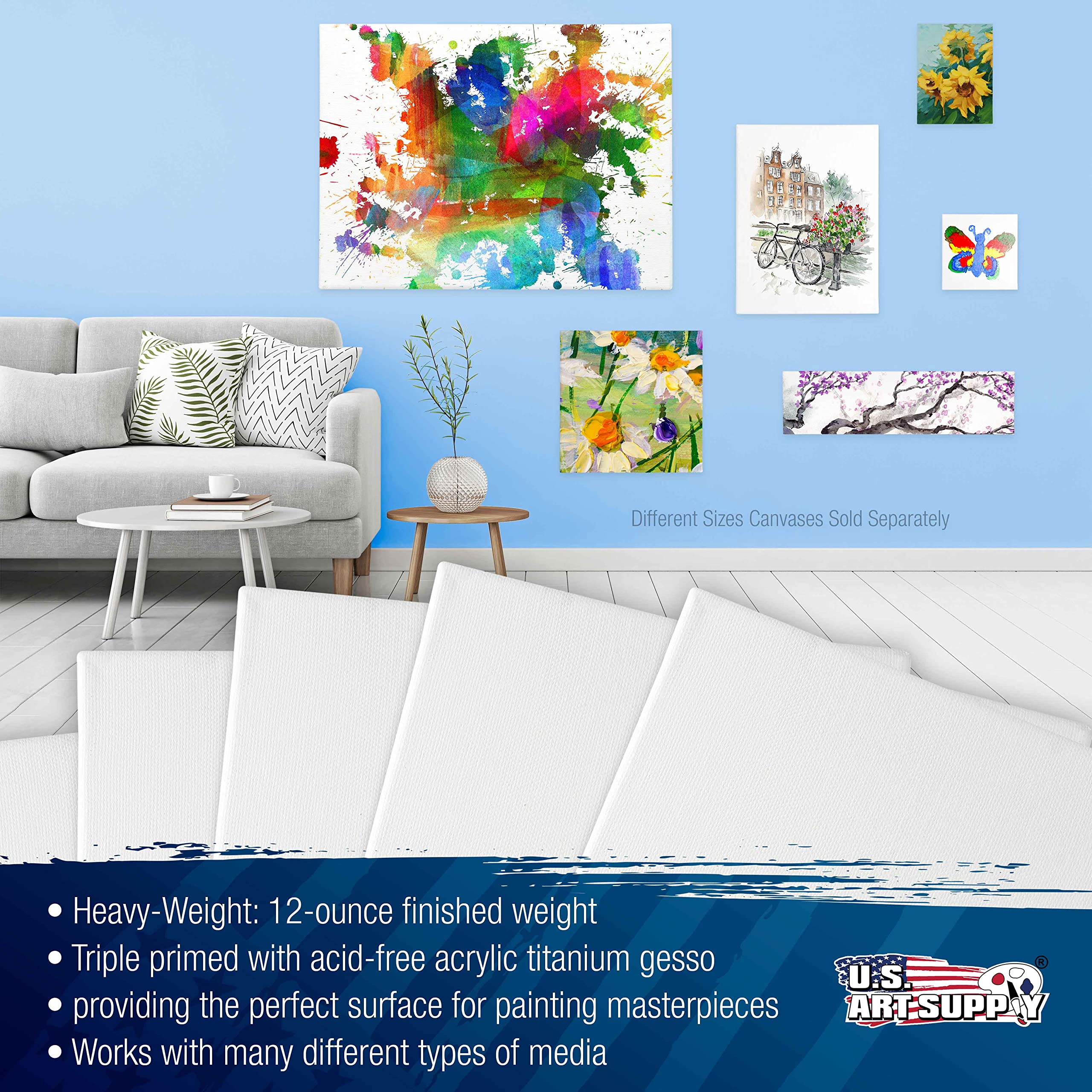 U.S. Art Supply 4 x 12 inch Stretched Canvas 12-Ounce Primed 6-Pack - Professional White Blank 3/4" Profile Heavy-Weight Gesso Acid Free Bulk Pack - Painting, Acrylic Pouring, Oil Paint