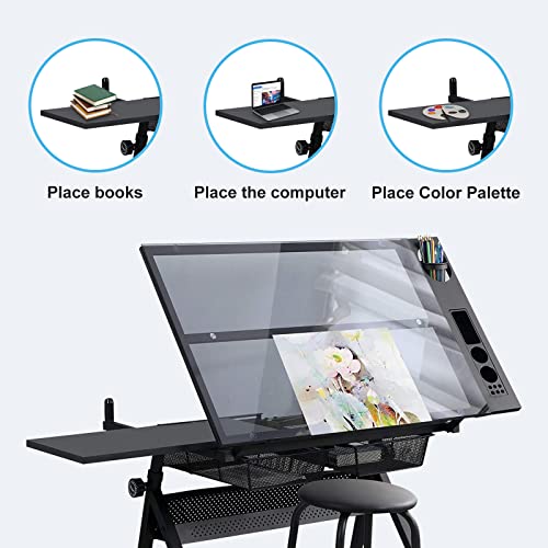 Waful Height Adjustable Drafting Tables, Glass Drawing Art Table, Art Artists Desk, Tilting Tabletop Paintings Work Station Artist Table -2 Storage Drawer for Reading, Writing Art Craft Work Station