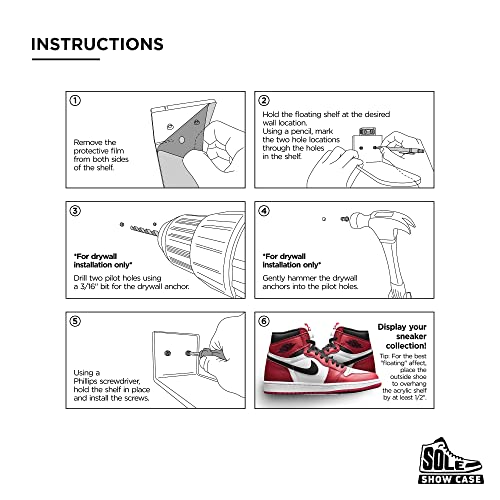 Engineered Edge Sole Showcase - 6 Clear Floating Shoe Shelves to Display and Showcase Your Sneaker Collection - Hardware Included | Shoe Display Shelf, Wall Shelf