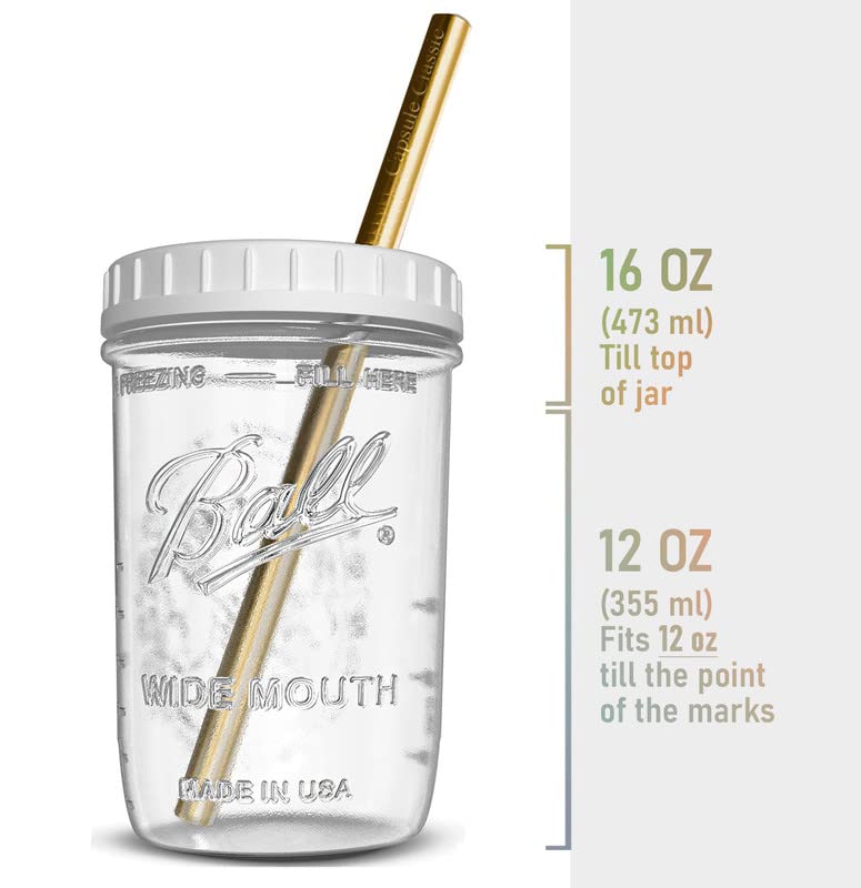 Reusable Wide Mouth Smoothie Cups Boba Tea Cups Bubble Tea Cups with Lids and Gold Straws Mason Jars Glass Cups (2-pack, 16 oz mason jars) Brand Capsule Classic