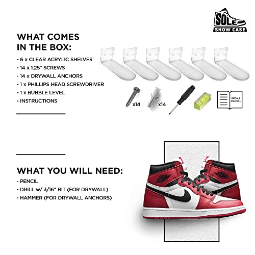 Engineered Edge Sole Showcase - 6 Clear Floating Shoe Shelves to Display and Showcase Your Sneaker Collection - Hardware Included | Shoe Display Shelf, Wall Shelf