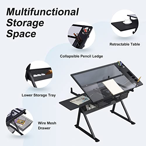 Waful Height Adjustable Drafting Tables, Glass Drawing Art Table, Art Artists Desk, Tilting Tabletop Paintings Work Station Artist Table -2 Storage Drawer for Reading, Writing Art Craft Work Station