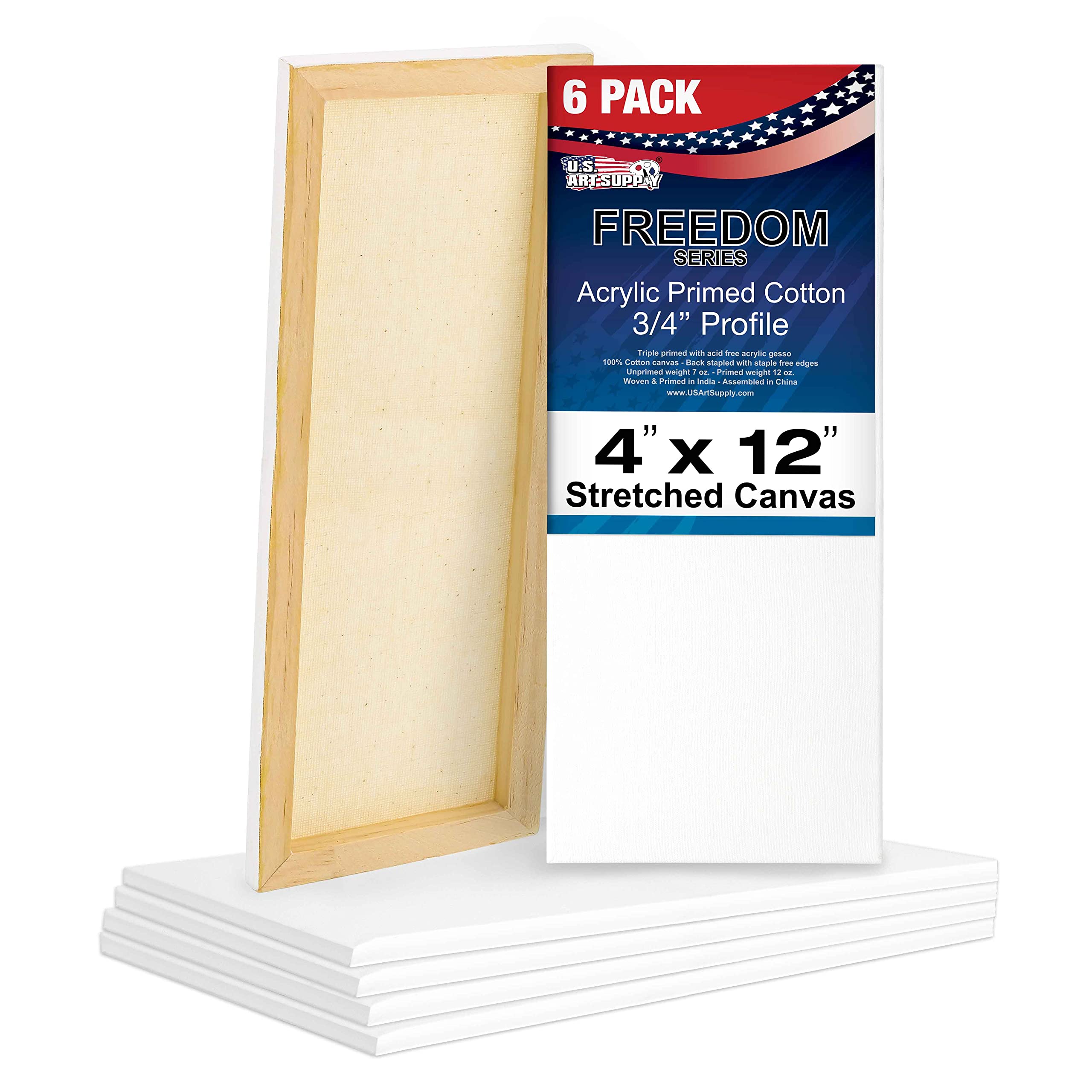 U.S. Art Supply 4 x 12 inch Stretched Canvas 12-Ounce Primed 6-Pack - Professional White Blank 3/4" Profile Heavy-Weight Gesso Acid Free Bulk Pack - Painting, Acrylic Pouring, Oil Paint