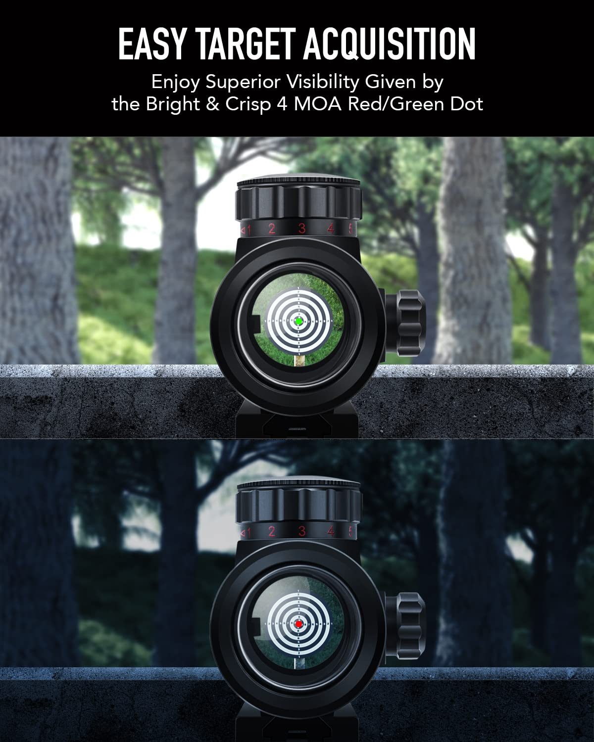 Pinty Tactical 1x40mm Reflex Red Green Dot Sight Riflescope, 4 MOA Rifle Optic Sight, Fits 20mm Picatinny Weaver Rail