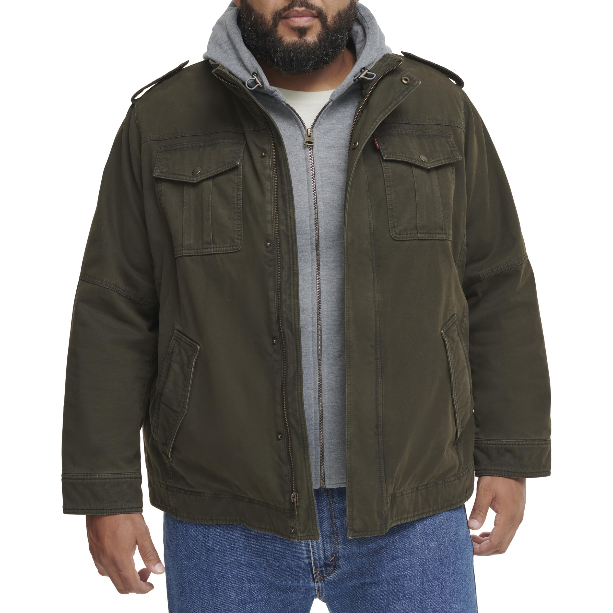 Levi's Men's Washed Cotton Hooded Military Jacket (Regular & Big & Tall Sizes), Olive/Sherpa Lined, 3X