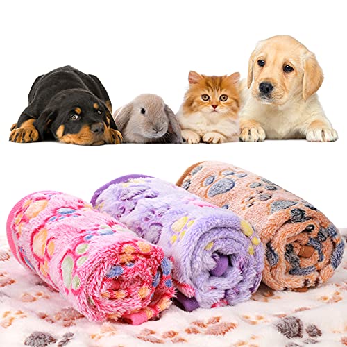 4 Pcs Pet Blanket Dog Puppy Blanket Paw Print Fleece Blanket for Small Medium Large Pet Dog Cat Warm Soft Sleep Mat Guinea Pig Cage Liners Blanket (White, Coffee, Pink, Purple, Small)