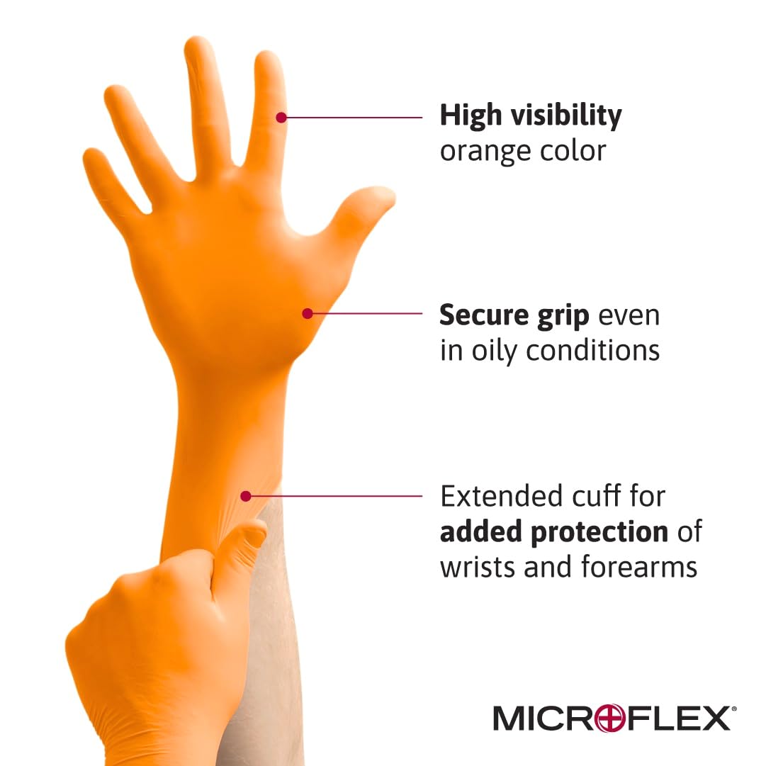 Ansell Microflex Blaze N48 7mil Disposable Nitrile Gloves w/Extended Cuff for Automotive, Oil, Mining - XX-Large, Orange (Box of 100)