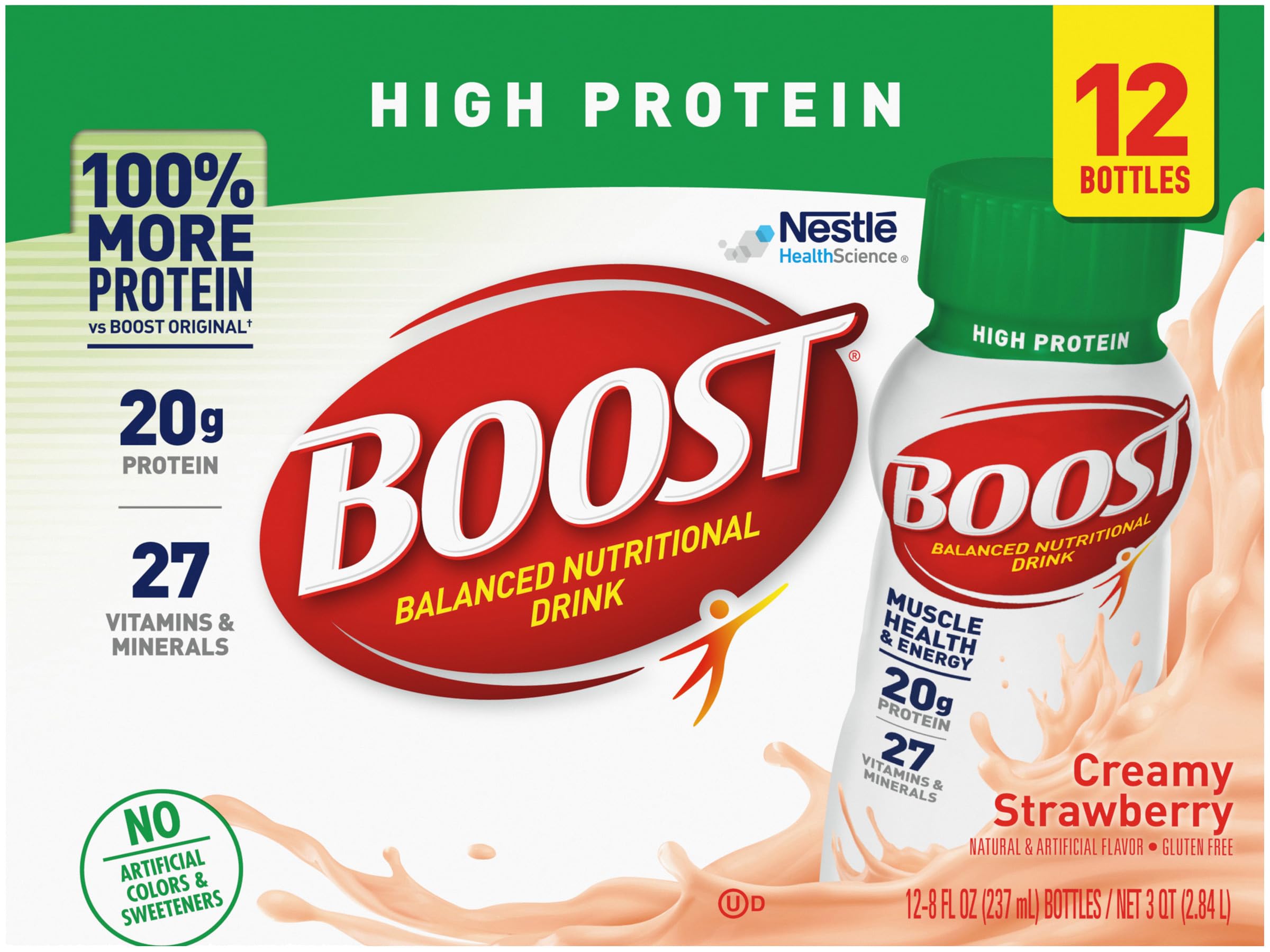 BOOST High Protein Balanced Nutritional Drink, Creamy Strawberry, 8 Ounce Bottle (Pack of 12)