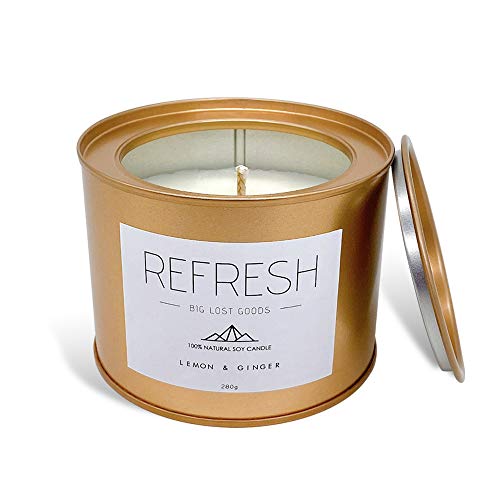 BIG LOST GOODS Refresh Candle | Lemon & Ginger Scented | 10 Oz Tin Made with 100% Soy Wax and Natural Essential Oils || Use for: Energy, Rejuvenation, Positivity, and Revitalization