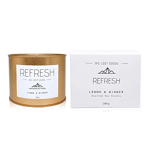 BIG LOST GOODS Refresh Candle | Lemon & Ginger Scented | 10 Oz Tin Made with 100% Soy Wax and Natural Essential Oils || Use for: Energy, Rejuvenation, Positivity, and Revitalization