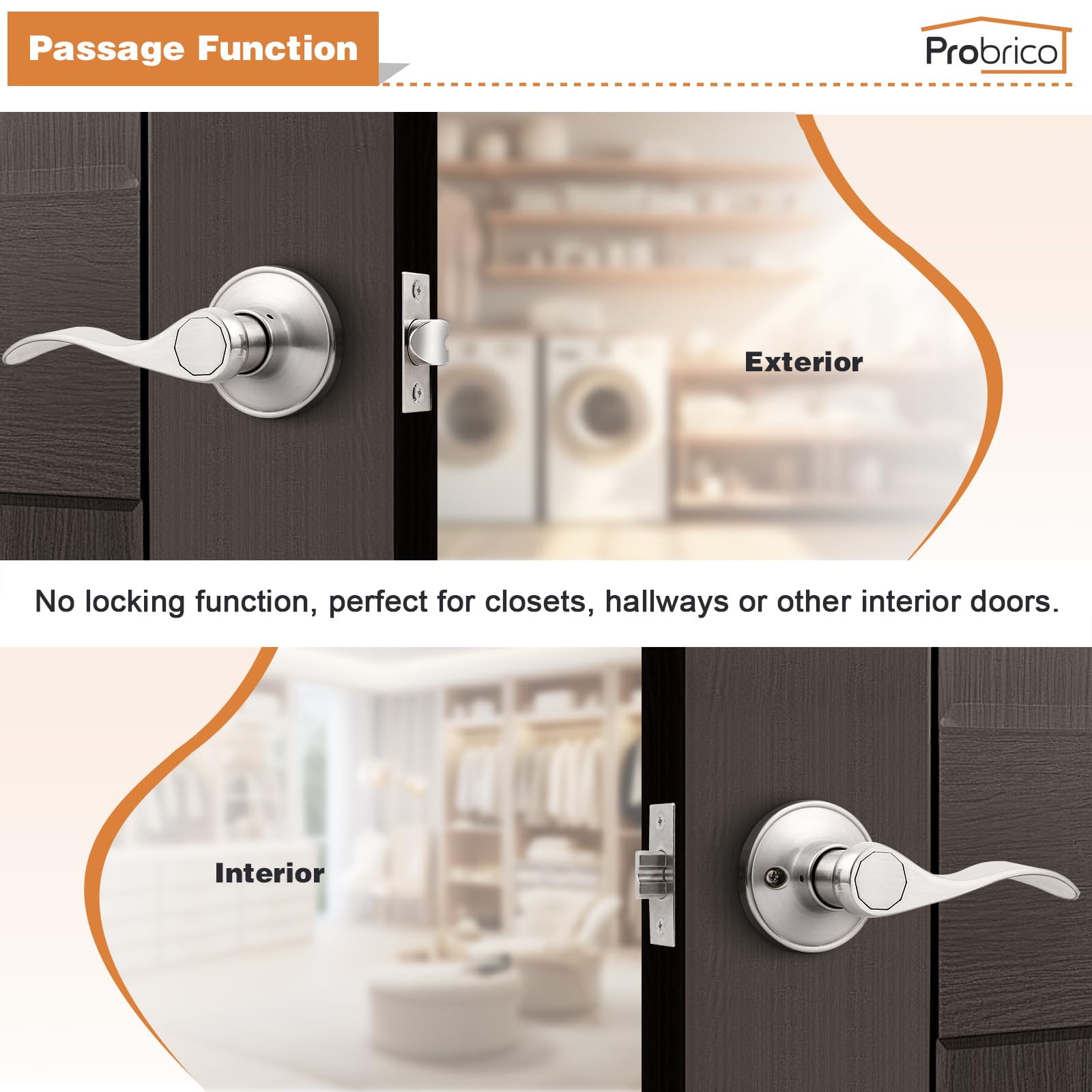 Probrico Wave Style Passage Door Levers Hall Closet Handles Keyless Interior Door Leversets in Satin Nickel, 10Pack