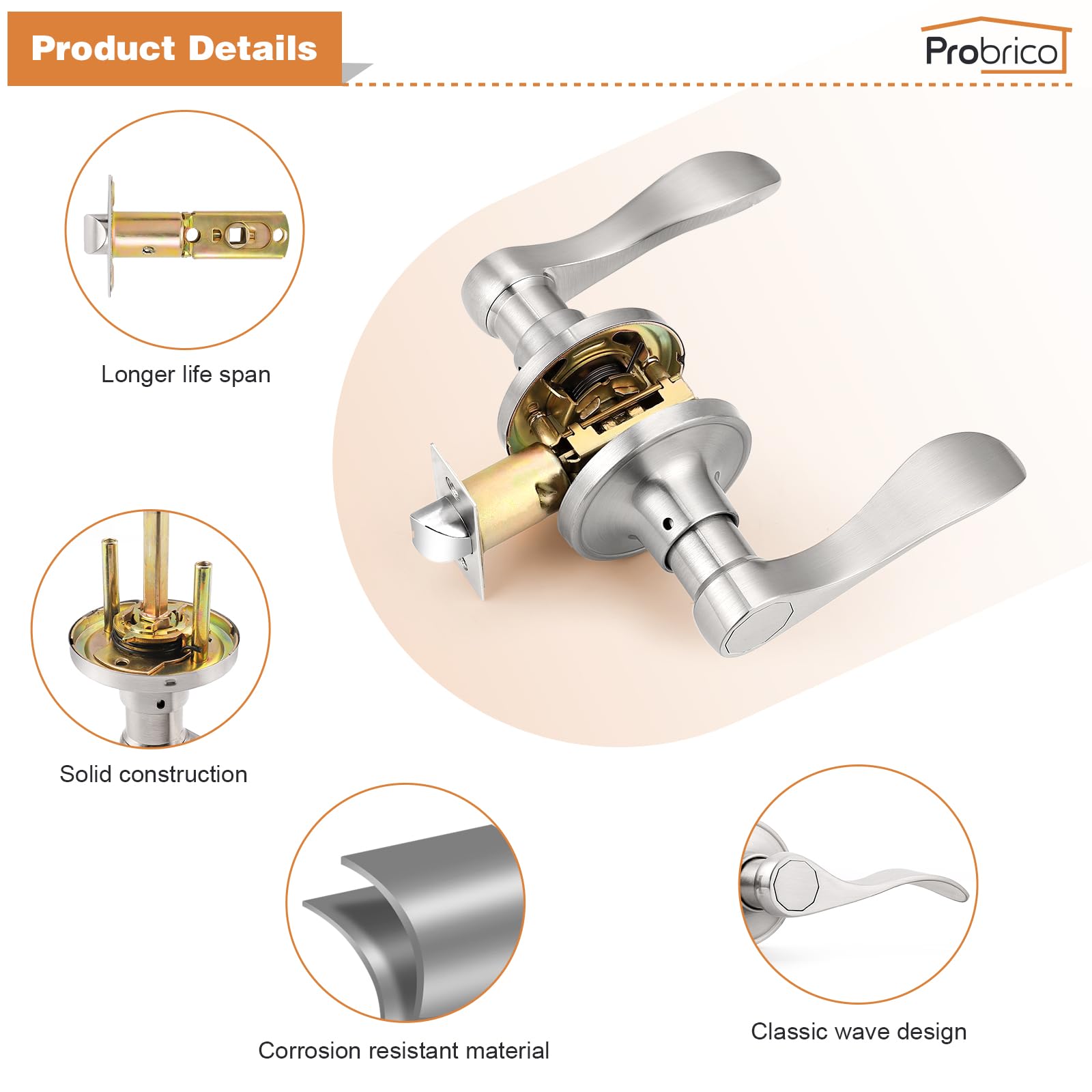 Probrico Wave Style Passage Door Levers Hall Closet Handles Keyless Interior Door Leversets in Satin Nickel, 10Pack
