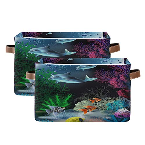 Ocean Dolphin Coral Fish Large Storage Basket Collapsible Storage Bin Organizer Cube Laundry Hamper for Clothes Bedroom Nursery Toys Shelf College Dorm