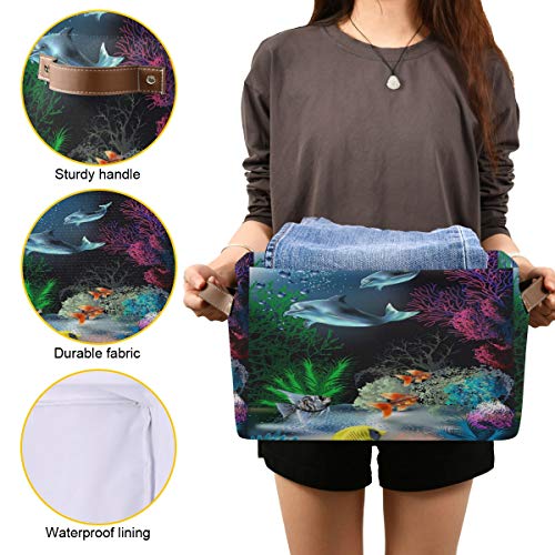 Ocean Dolphin Coral Fish Large Storage Basket Collapsible Storage Bin Organizer Cube Laundry Hamper for Clothes Bedroom Nursery Toys Shelf College Dorm