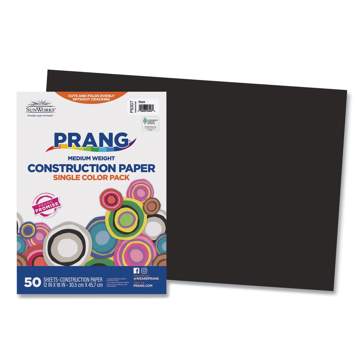 SunWorks 6307 Construction Paper, 58 lbs., 12 x 18, Black, 50 Sheets/Pack