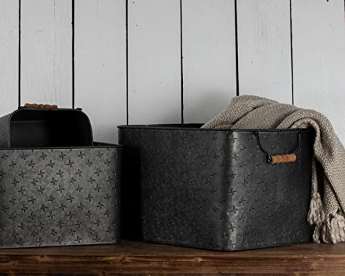 Foreside Home & Garden Black Set of 3 Galvanized Decorative Storage Nesting Bins with Wood Handles