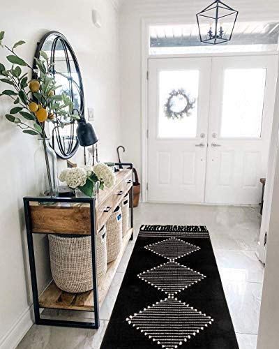 Boho Kitchen Rugs,2'x4.3' Washable Black Bathroom Rug Runner, Cotton Woven Tassels Diamond Soft Indoor Mat Hallways Carpet for Laundry Entryway