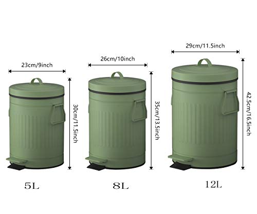 Retro Green Trash Can with Lid, Turquoise Bathroom Bedroom Waste Basket Soft Close, Roman retro Small Garbage Can, Retro Vintage Home Office Trash Can, Glossy Retro Green,5/8/12L Touchless Trash Can