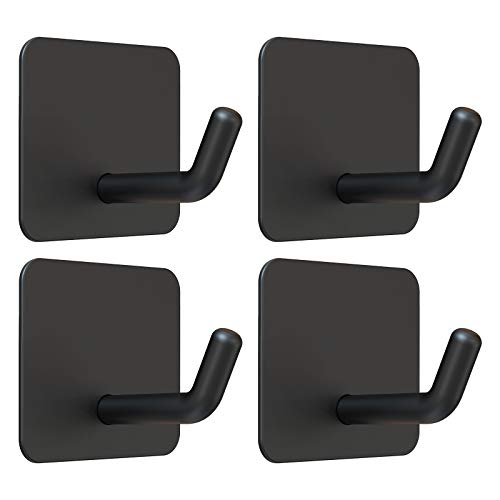 VIS'V Adhesive Hooks, Black Self Adhesive Shower Wall Hooks Waterproof Stainless Steel Stick on Hooks Heavy Duty Kitchen Bathroom Sticky Hooks for Towel Loofah Key Cup Hat Coat - 4 Pcs