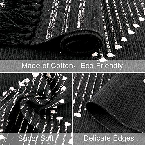 Boho Kitchen Rugs,2'x4.3' Washable Black Bathroom Rug Runner, Cotton Woven Tassels Diamond Soft Indoor Mat Hallways Carpet for Laundry Entryway