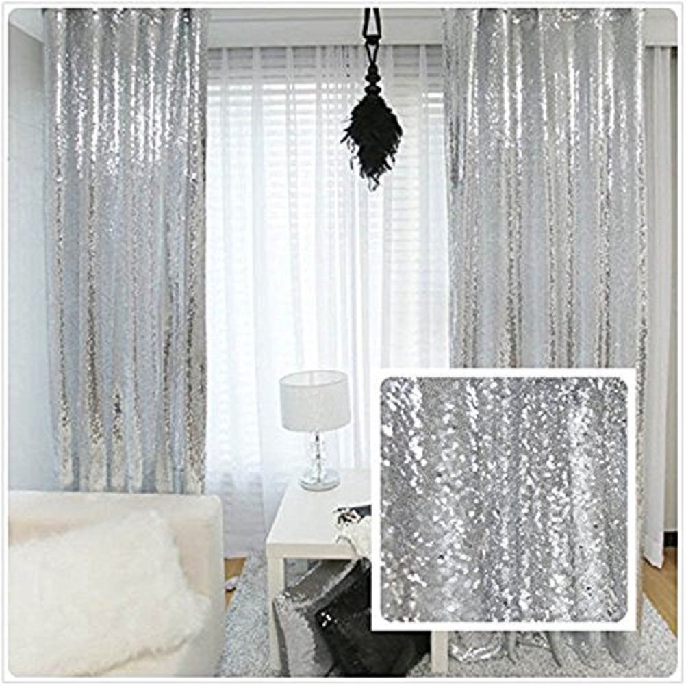TRLYC 4Ft7Ft Silver Sequin Photo Backdrop Ceremony Background Shimmer Curtain for Wedding