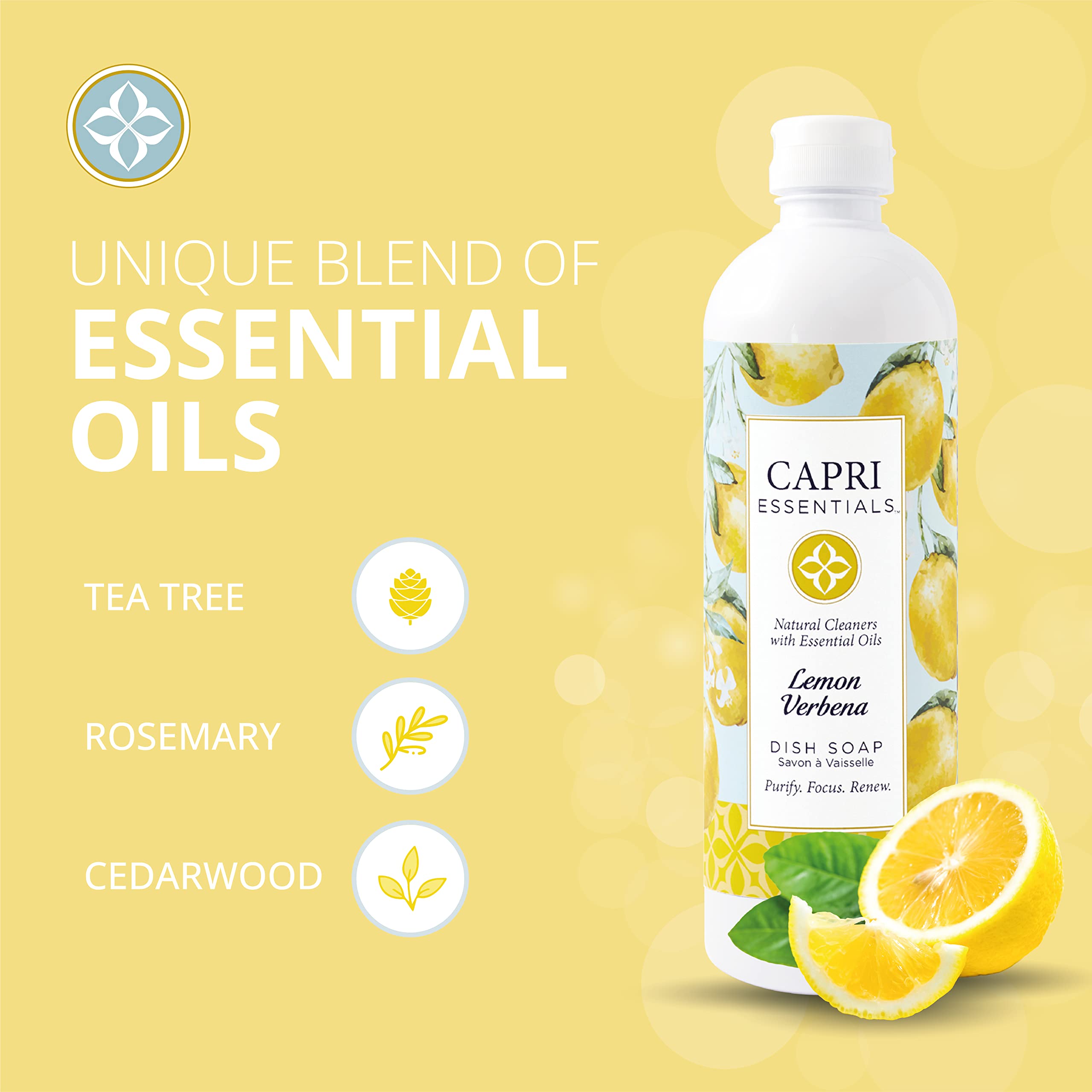 CAPRI ESSENTIALS Lemon Verbena Natural Dish Soap Liquid w/Essential Oils – Plant-Based Dish Cleaning Supplies – Chemical-Free Dish Liquid Soap – Natural Cleaning Products (16 oz)