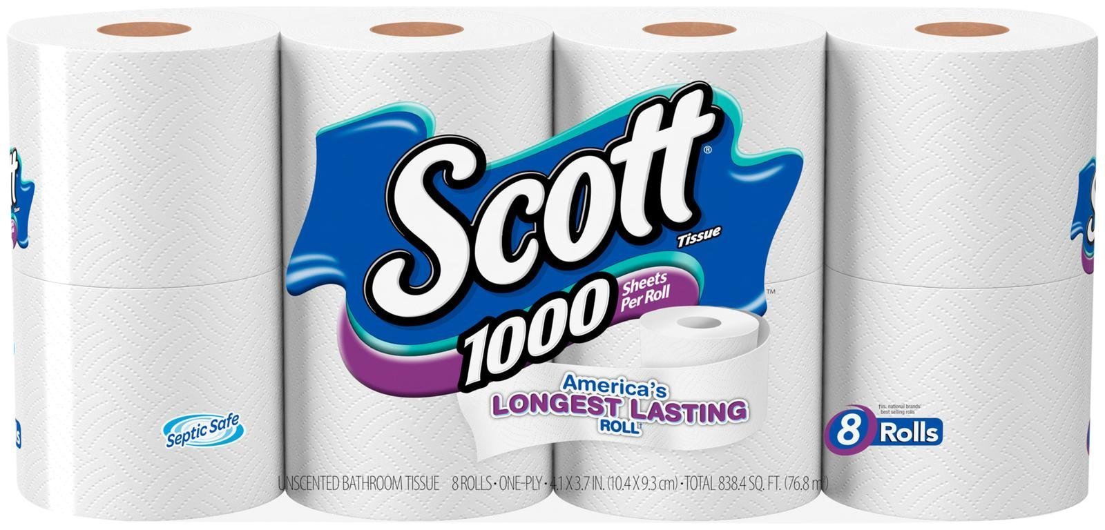Scott Regular Roll Toilet Tissue, 1 Ply, White, 8 Rolls