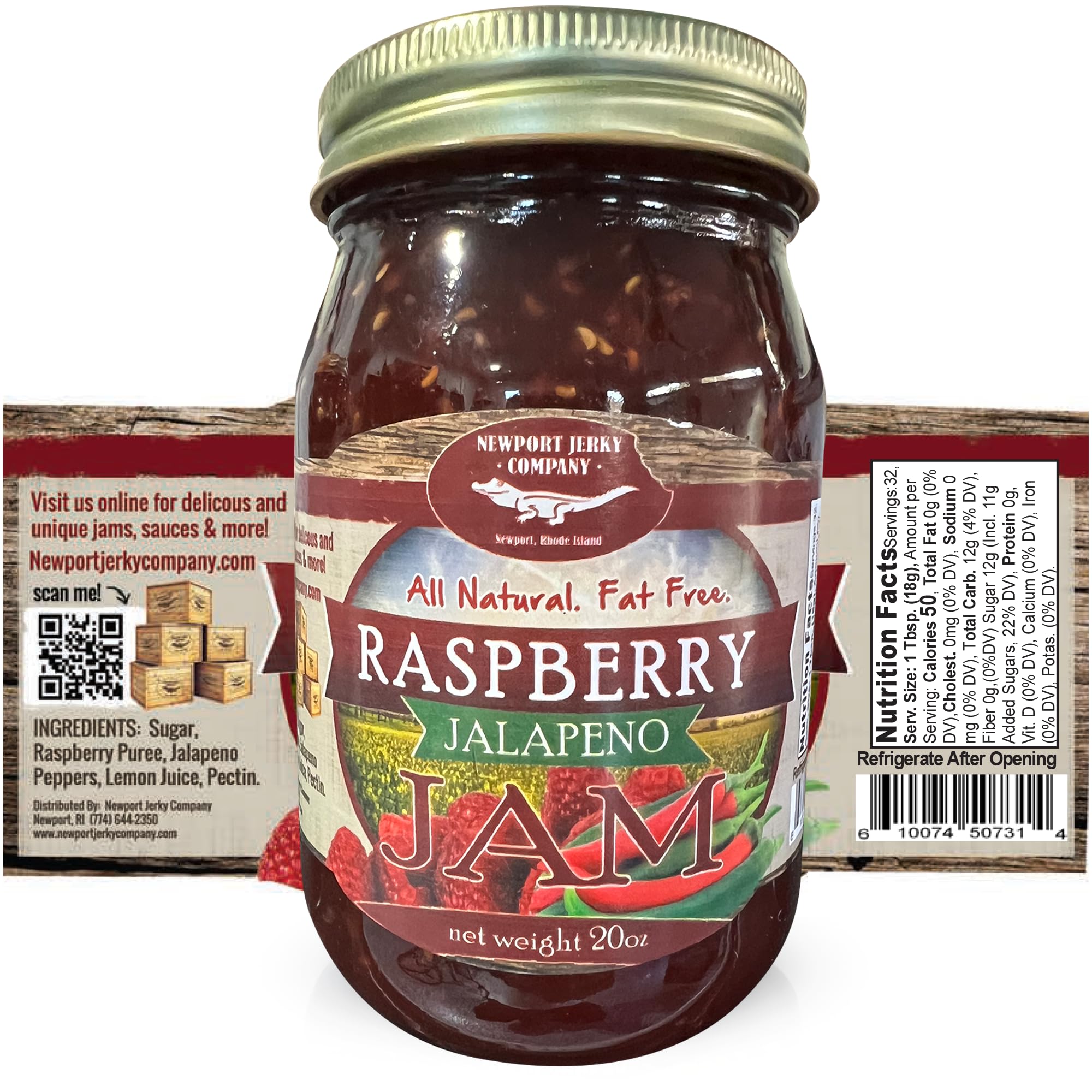 Newport Jerky Company All Natural Gourmet Raspberry Jalapeno Jam | Classic Spread for Burgers, Sandwiches, Toast, Cream Cheese, Charcuterie | Made in the USA! | Large Re-Usable 20 oz Glass Jar | FAT FREE, GLUTEN FREE & ALL NATURAL