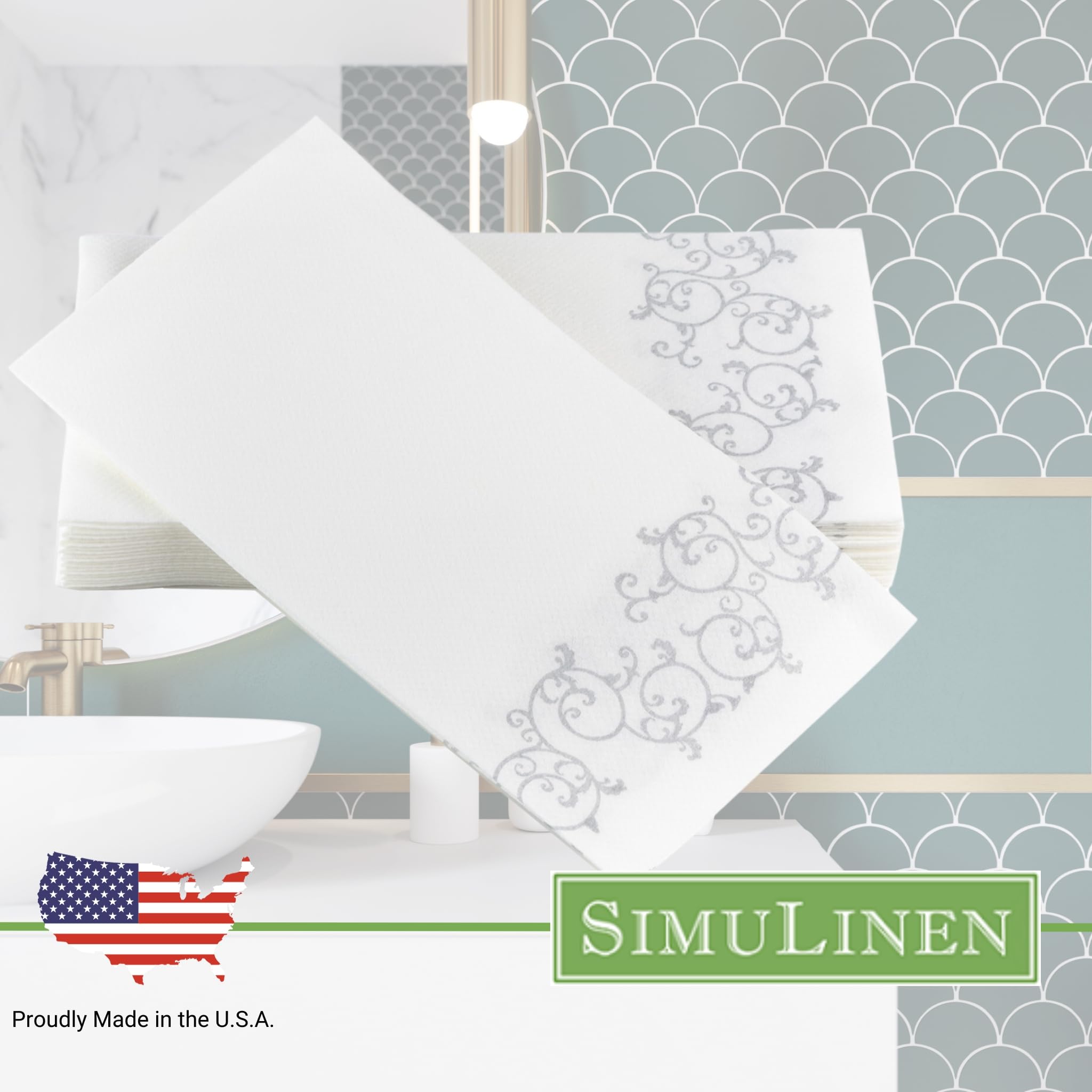 SimuLinen Silver Floral Paper Towels for Bathroom - Luxury Folded, Soft, and Absorbent Disposable Towels, 12"x17", 100ct (Made in USA)
