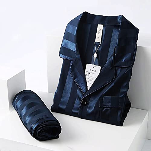 Mens Silk Satin Pajamas Set Sleepwear Loungewear Navy Blue L
