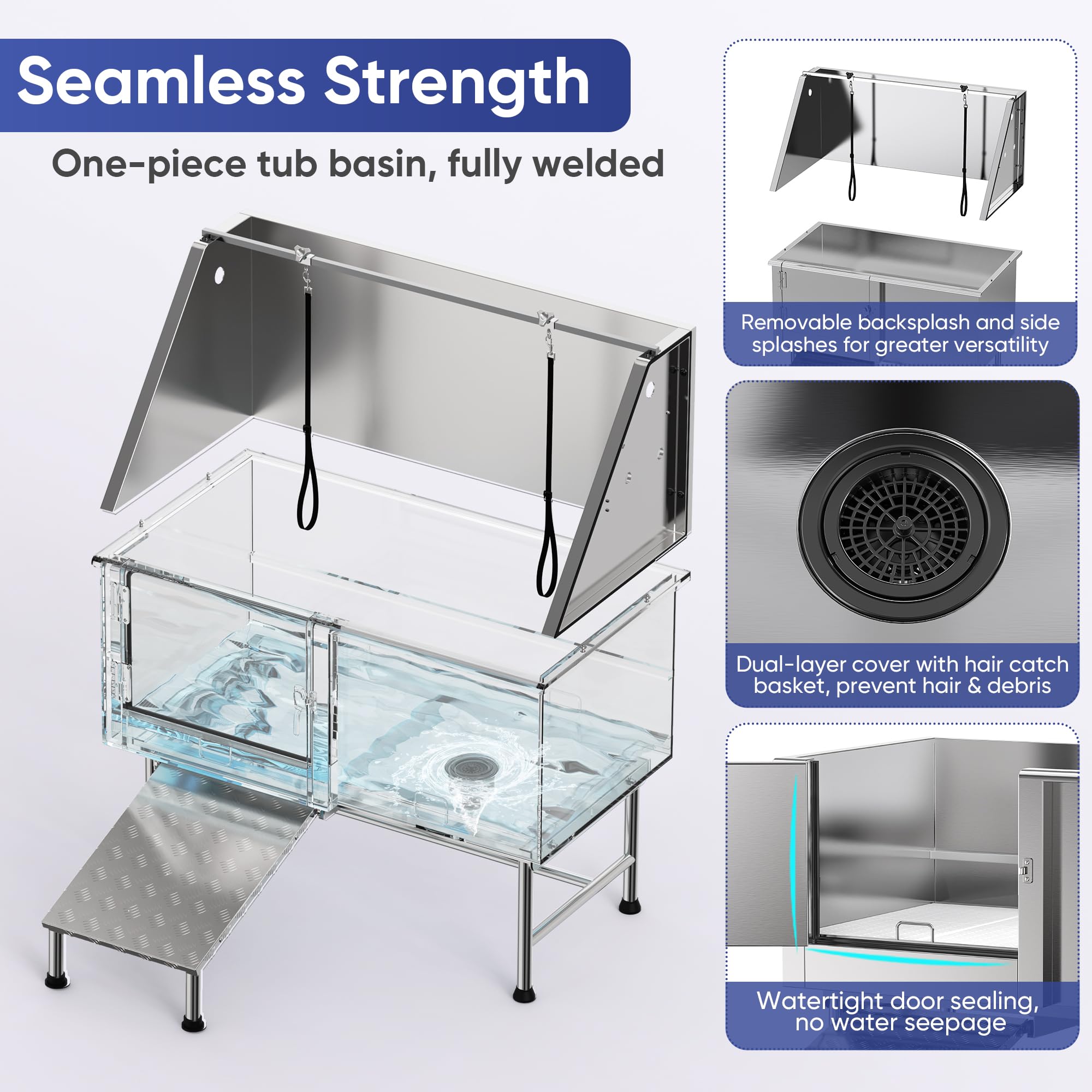 Flying Pig 50" Stainless Steel Pet Dog Grooming Bath Tub with Walk-in Ramp & Accessories (Left Door/Right Drain)