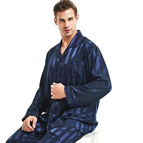 Mens Silk Satin Pajamas Set Sleepwear Loungewear Navy Blue L