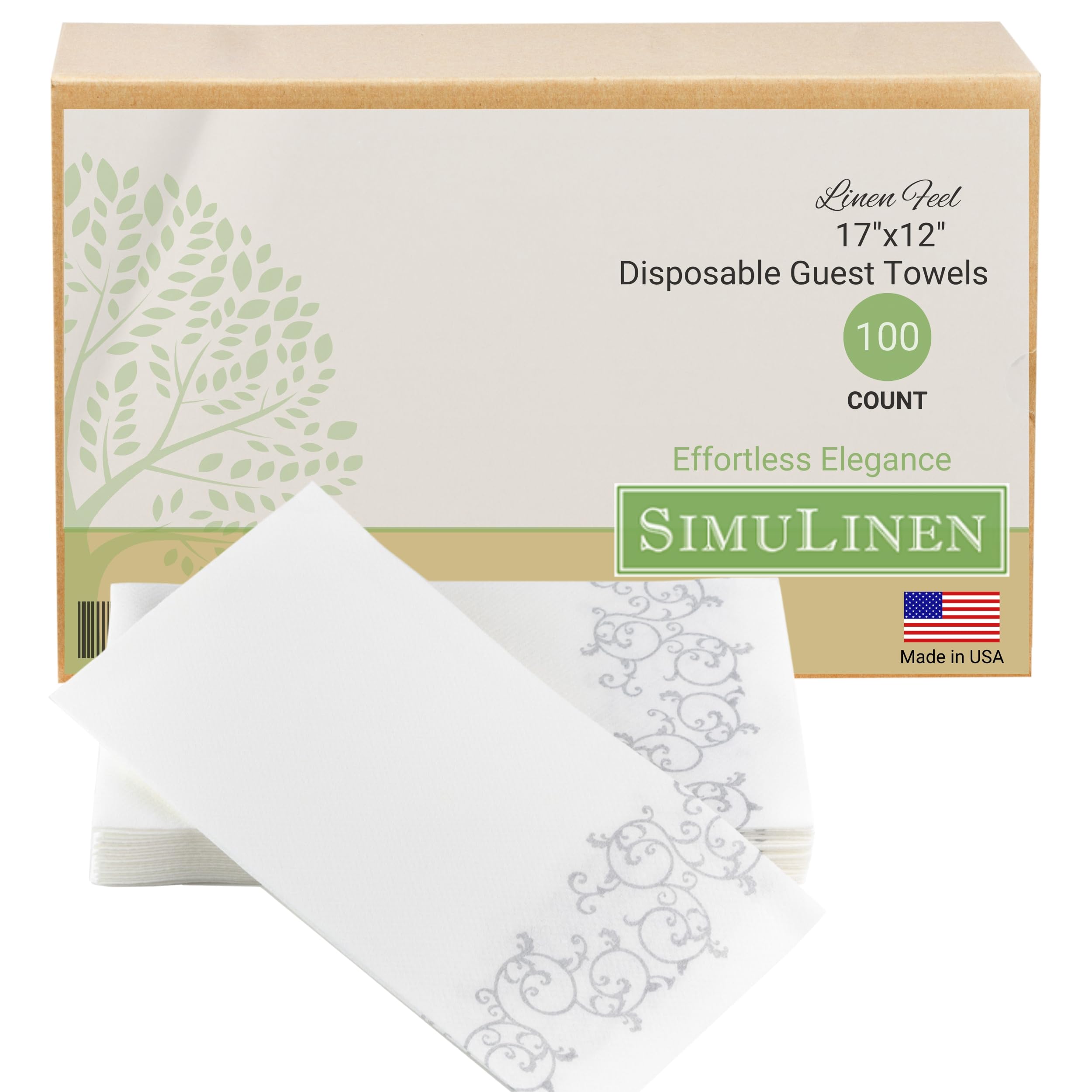 SimuLinen Silver Floral Paper Towels for Bathroom - Luxury Folded, Soft, and Absorbent Disposable Towels, 12"x17", 100ct (Made in USA)