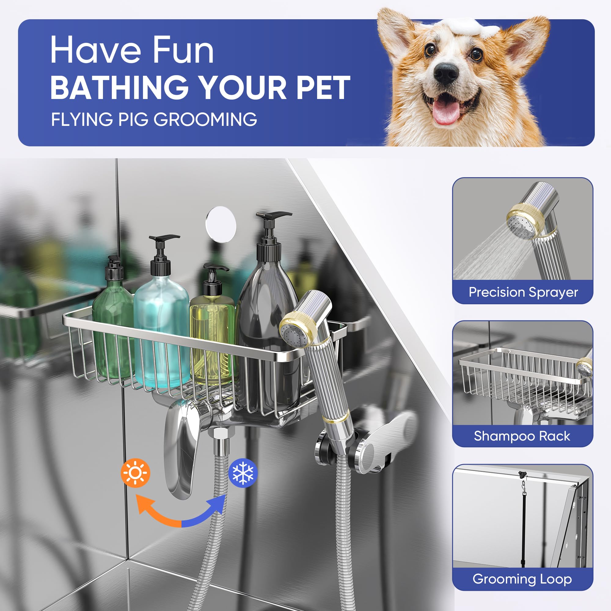 Flying Pig 50" Stainless Steel Pet Dog Grooming Bath Tub with Walk-in Ramp & Accessories (Left Door/Right Drain)