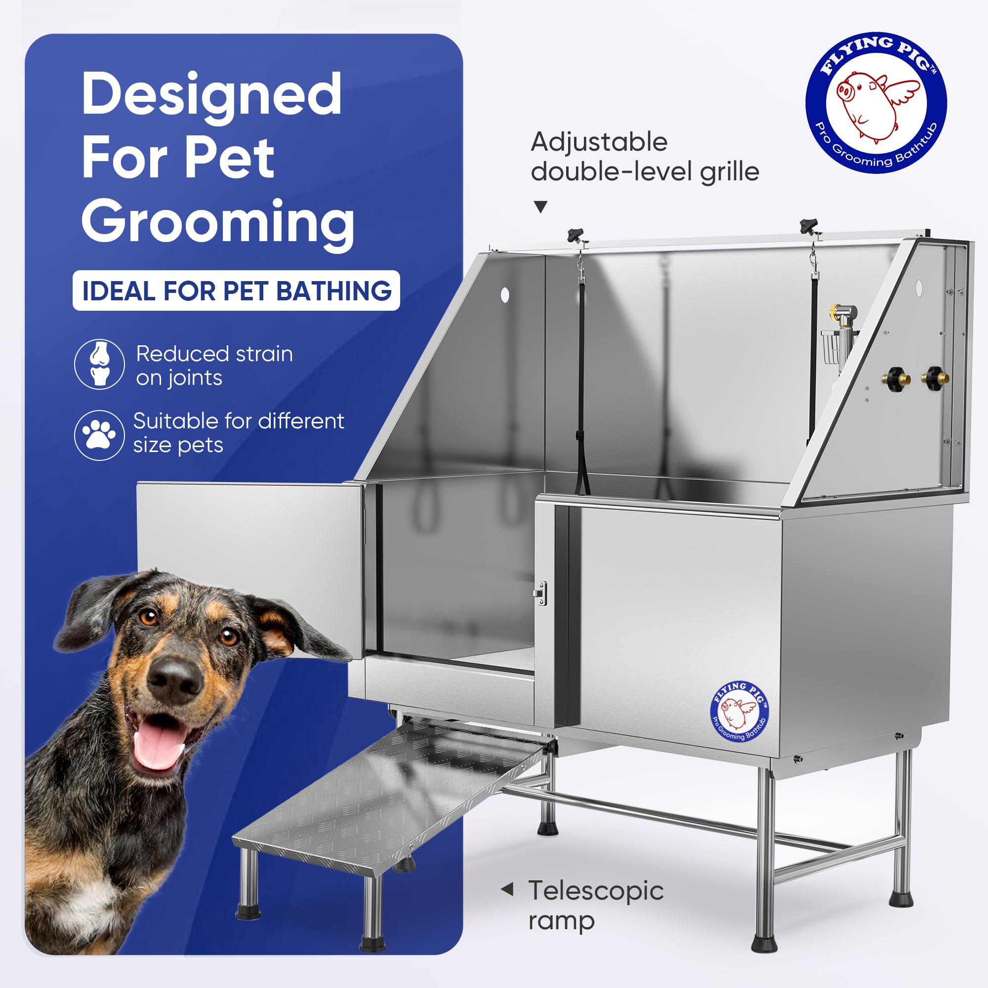 Flying Pig 50" Stainless Steel Pet Dog Grooming Bath Tub with Walk-in Ramp & Accessories (Left Door/Right Drain)