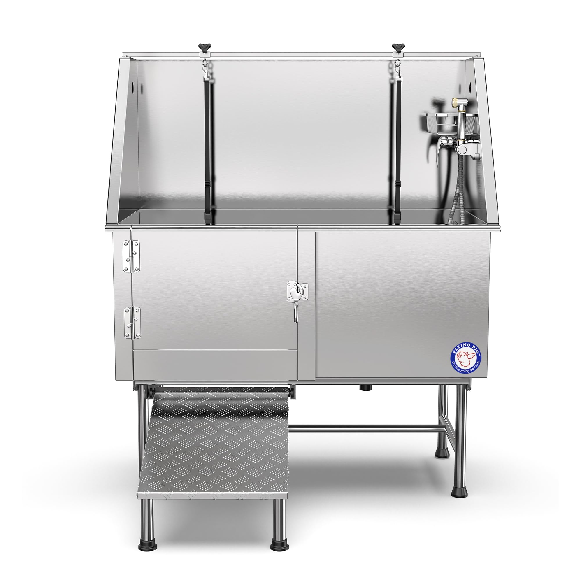 Flying Pig 50" Stainless Steel Pet Dog Grooming Bath Tub with Walk-in Ramp & Accessories (Left Door/Right Drain)