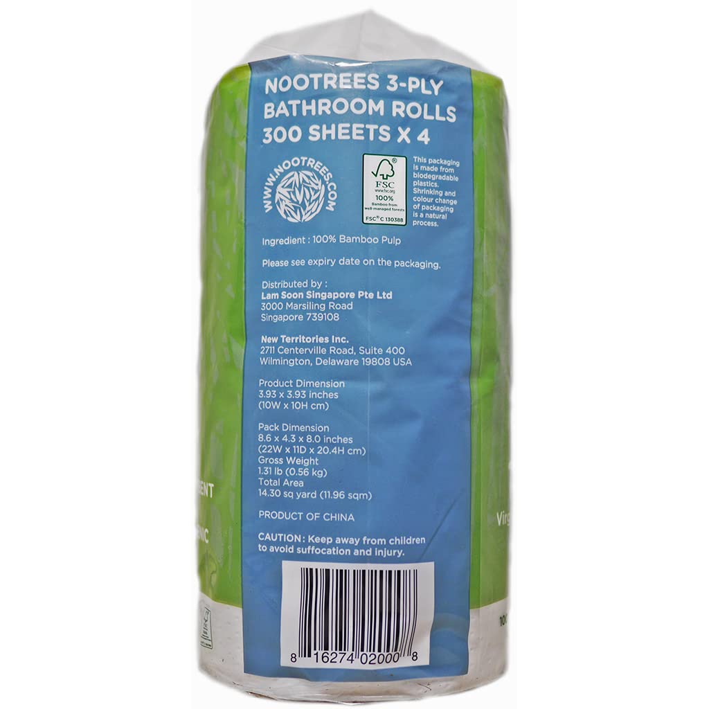 NooTrees Bamboo Toilet Tissue, Tree Free, Biodegradable, Sustainable, Renewable and FSC Certified 3-ply Toilet Paper 300 Sheets, 4 Rolls, 1-Pack