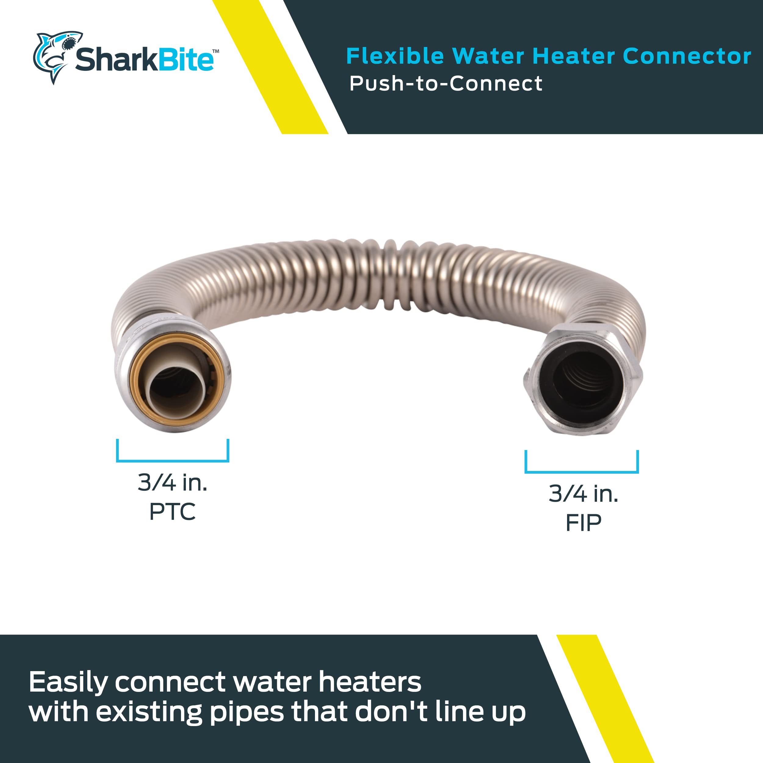 SharkBite 3/4 Inch x 3/4 Inch FIP x 24 Inch Stainless Steel Corrugated Flexible Water Heater Connector, Push To Connect Brass Plumbing Fitting, PEX Pipe, Copper, CPVC, PE-RT, HDPE, SS3088FLEX24LF