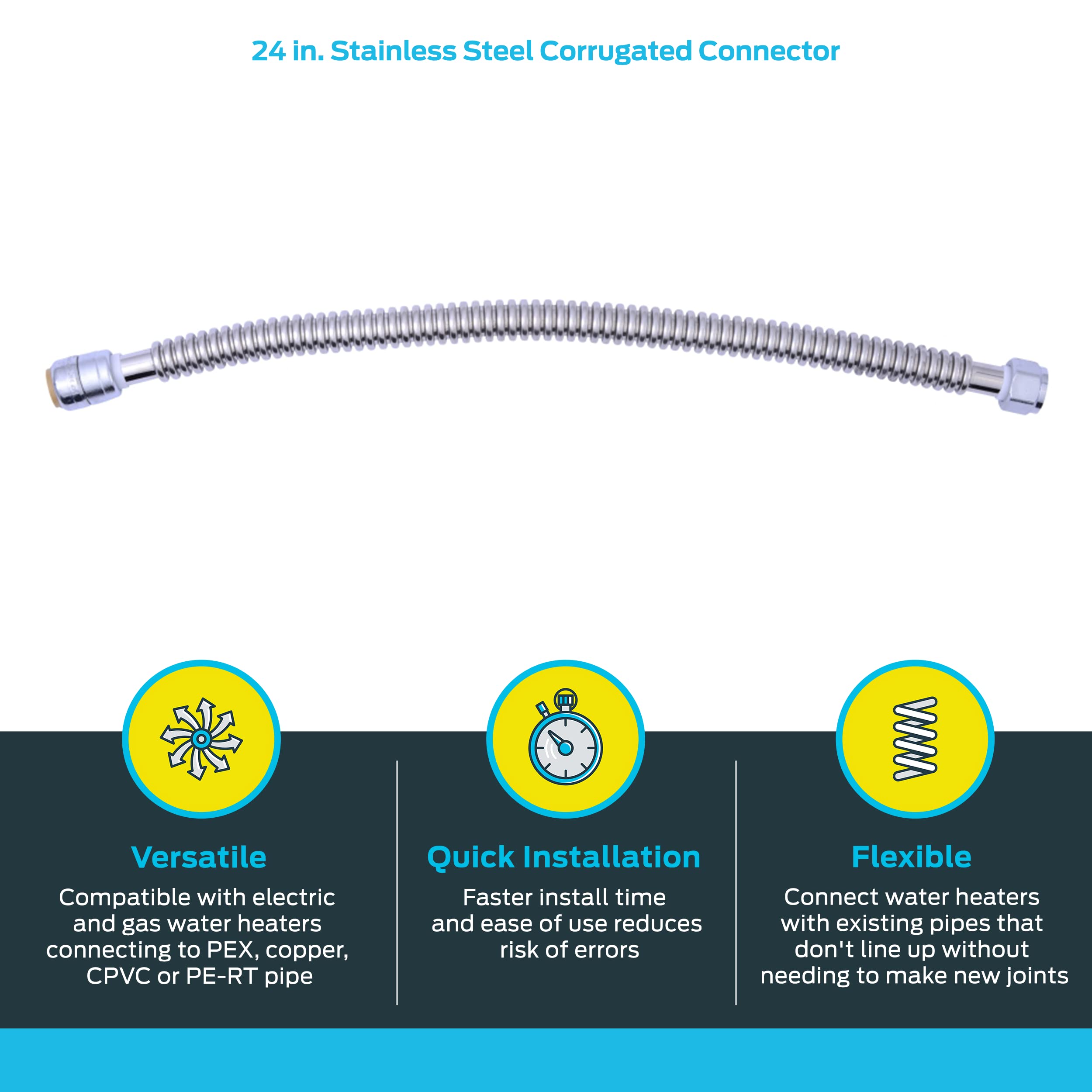 SharkBite 3/4 Inch x 3/4 Inch FIP x 24 Inch Stainless Steel Corrugated Flexible Water Heater Connector, Push To Connect Brass Plumbing Fitting, PEX Pipe, Copper, CPVC, PE-RT, HDPE, SS3088FLEX24LF