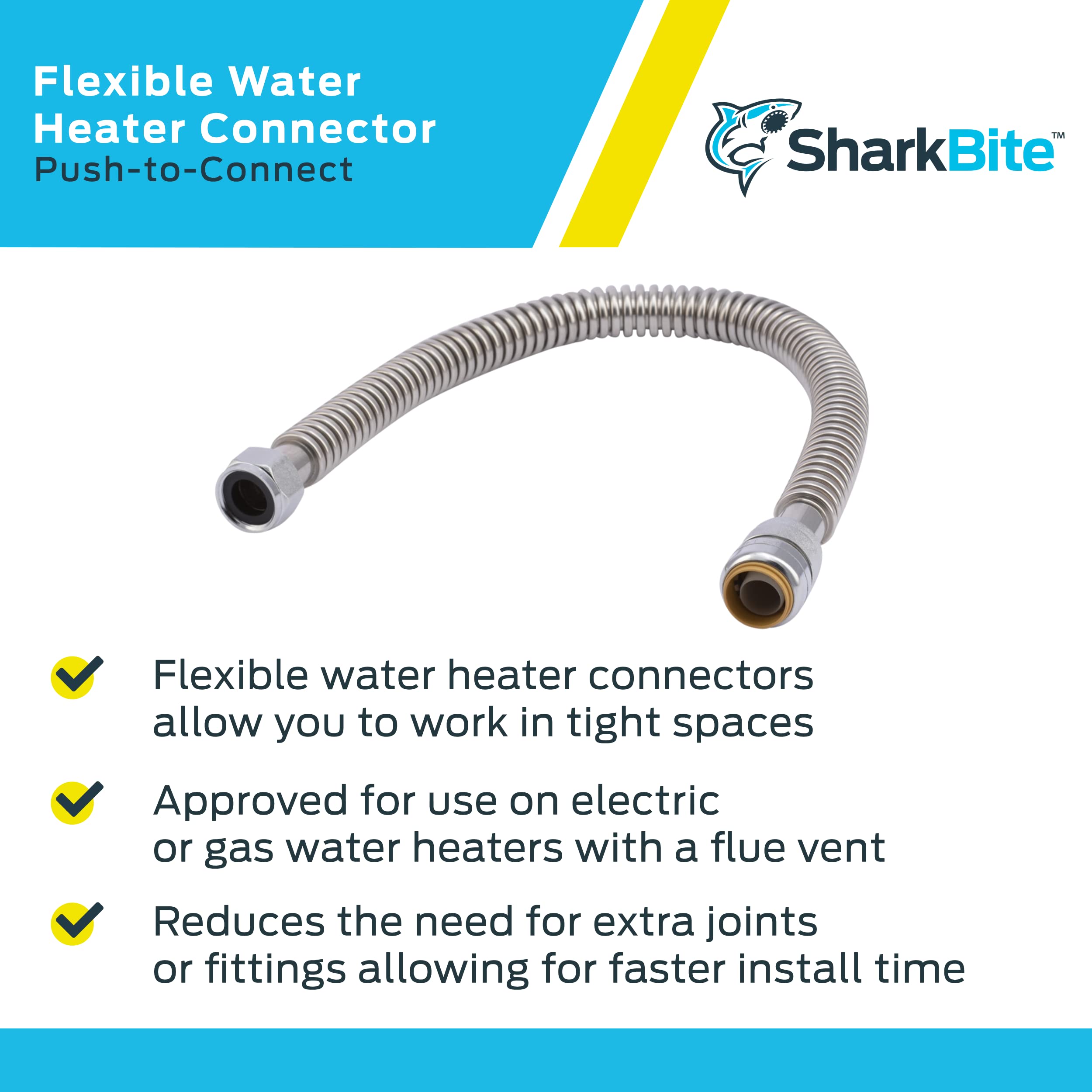 SharkBite 3/4 Inch x 3/4 Inch FIP x 24 Inch Stainless Steel Corrugated Flexible Water Heater Connector, Push To Connect Brass Plumbing Fitting, PEX Pipe, Copper, CPVC, PE-RT, HDPE, SS3088FLEX24LF