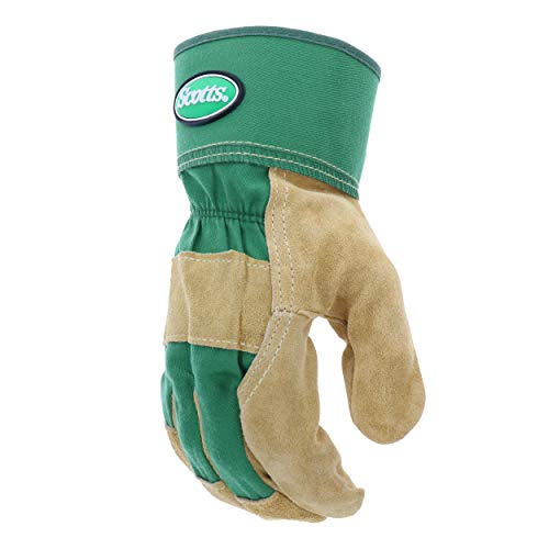 Scotts Men's Durable Split Cowhide Leather Palm Work Gloves, Abrasion Resistant, Safety Cuff, Padded Knuckle, Green/Yellow, Large, (SC75525/L)